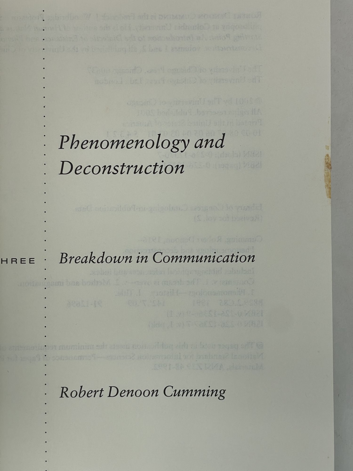 PHENOMENOLOGY AND DECONSTRUCTION, VOLUME THREE: BREAKDOWN IN ...